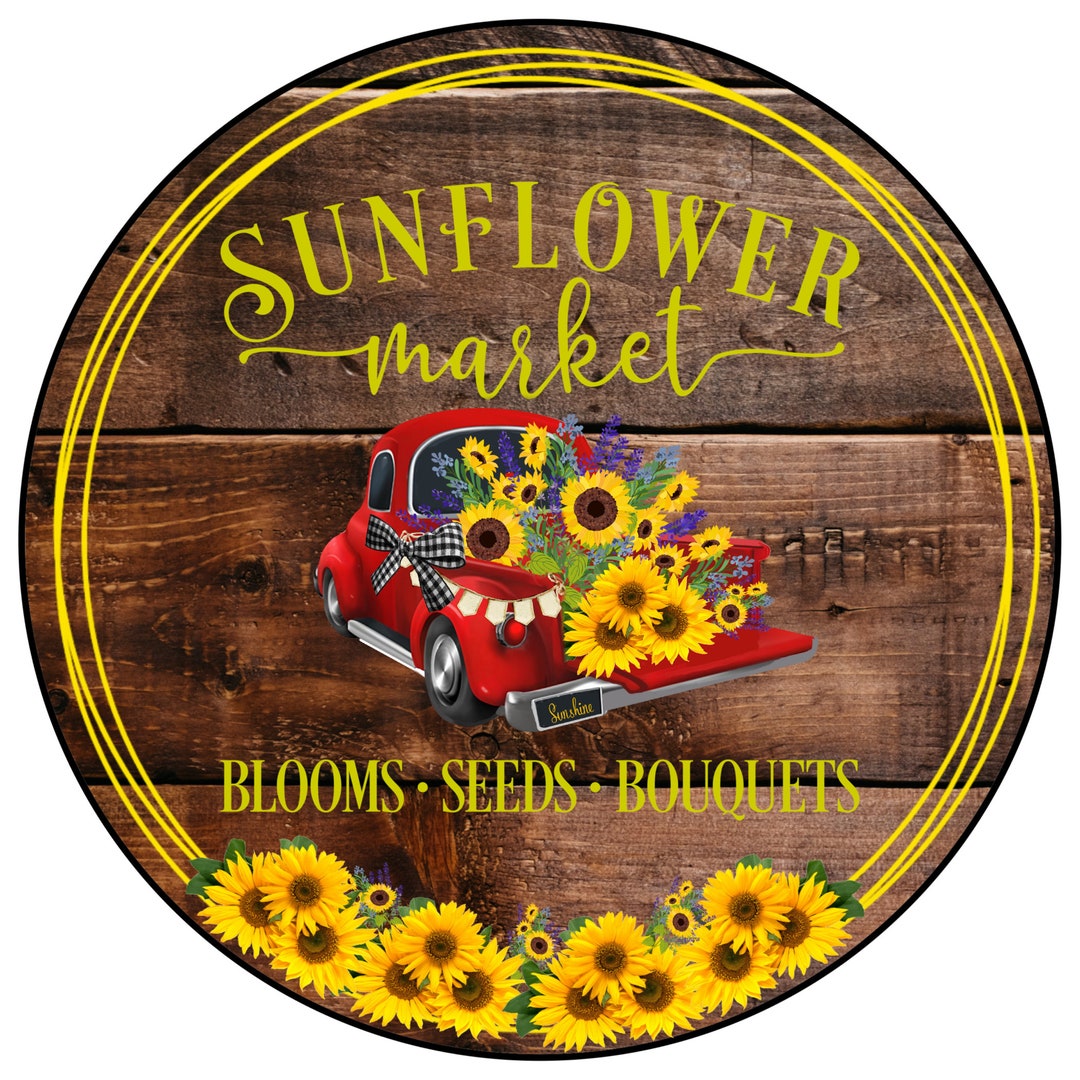 Sunflower Market Sign, Red Truck Sign, Fall Sign, Round Wreath Sign ...
