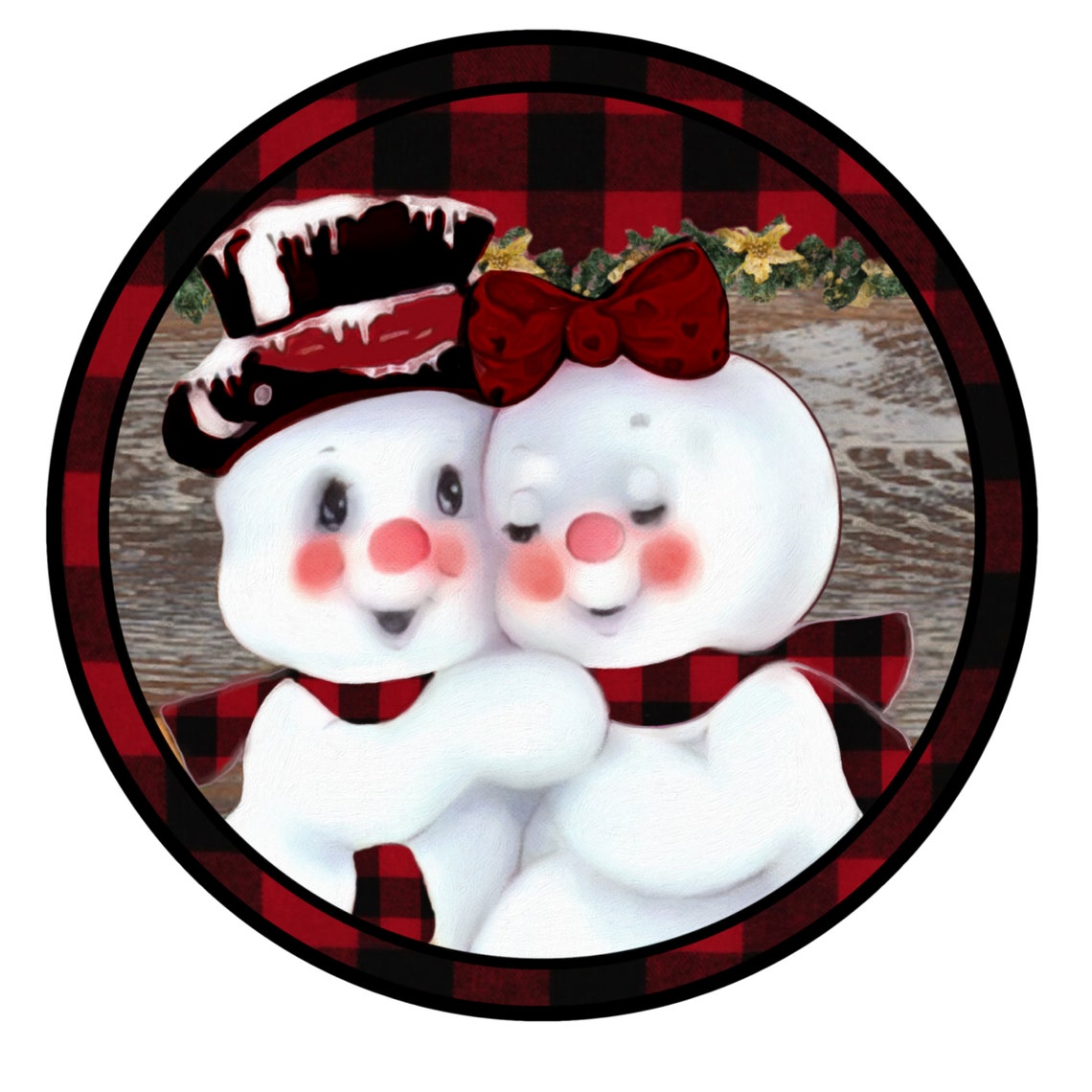 Snowman Couple Buffalo Check Sign, Christmas Snowman Sign, Round Metal ...