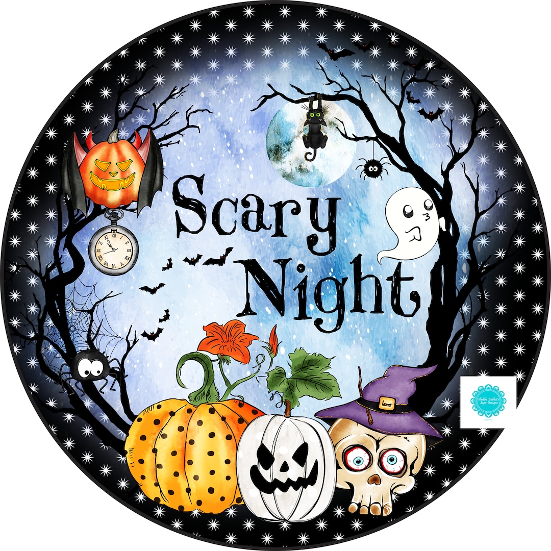 Scary Night Sign, Halloween Sign, Halloween Pumpkin Skull and Ghost ...