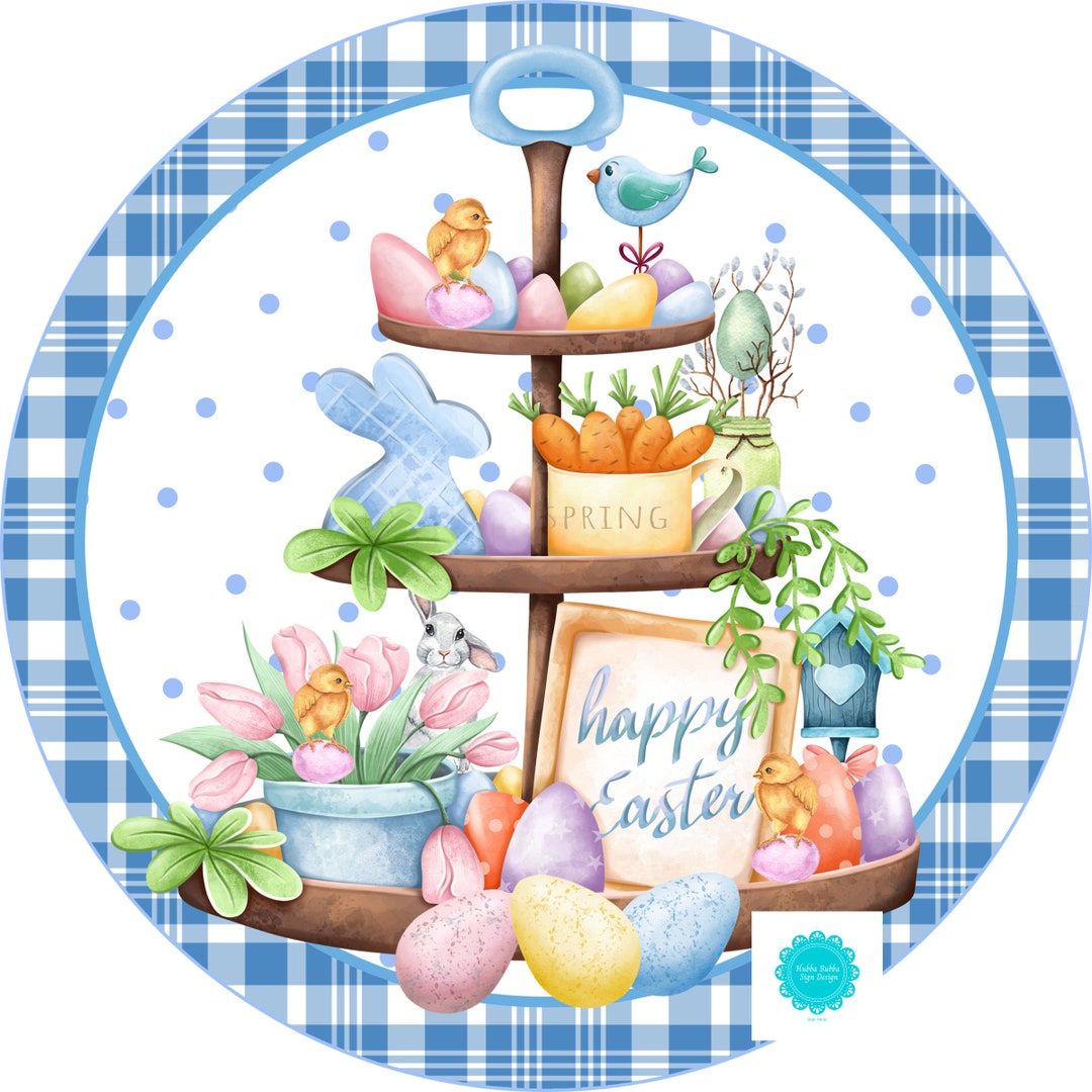 Happy Easter Sign, Tiered Tray Sign, Blue Check Sign, Easter Eggs Sign ...