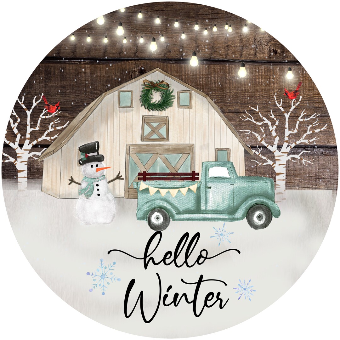 Hello Winter Sign, Snowman Barn Truck Sign, Holiday Sign, Winter Sign ...