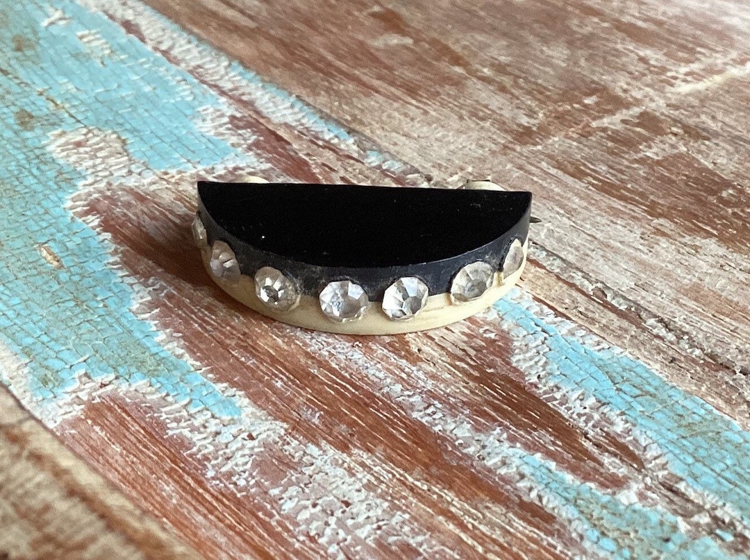 Iconic Art Deco Celluloid Pin Black & White Jewelry Clear Rhinestone ...