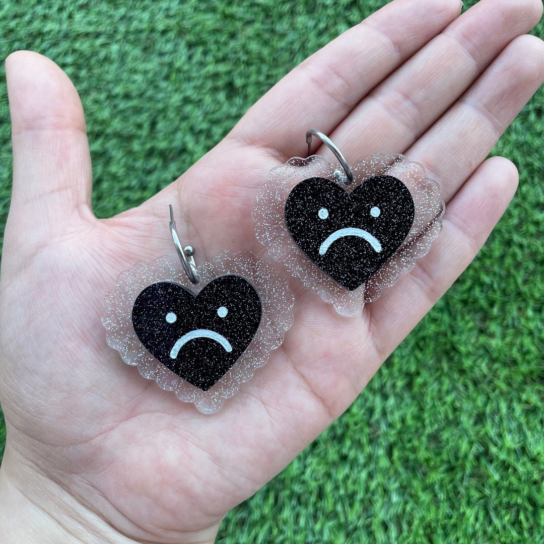 Sad Hearts Earrings Cute Glitter Holographic Jewelry Heart Acrylic ...