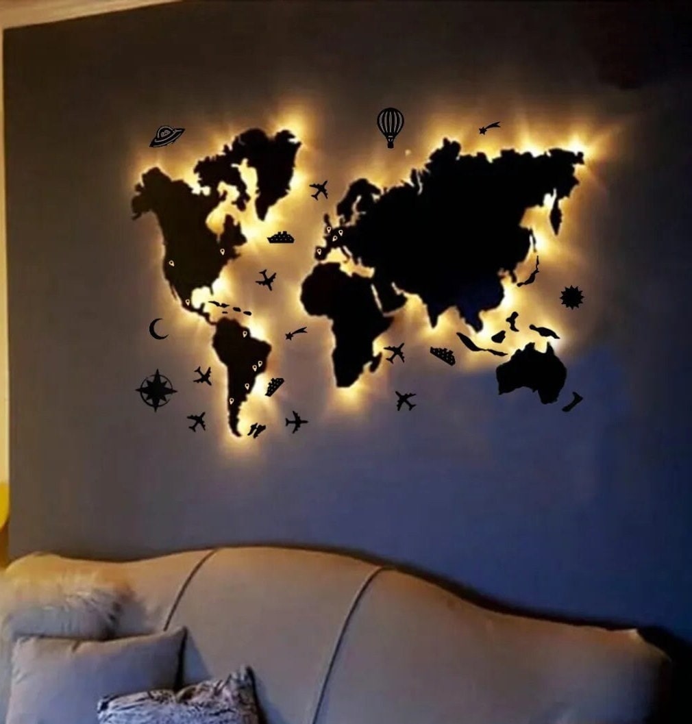 LED WORLD MAP / Wood World Map / Modern Home Decor / Led Wall - Etsy ...