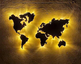 LED WORLD MAP / Wood World Map / Modern Home Decor / Led Wall Art / Led ...