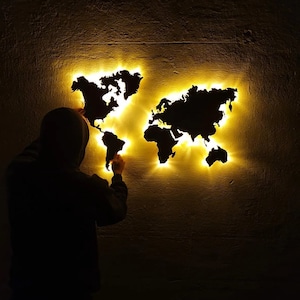 LED WORLD MAP / Wood World Map / Modern Home Decor / Led Wall Art / Led ...