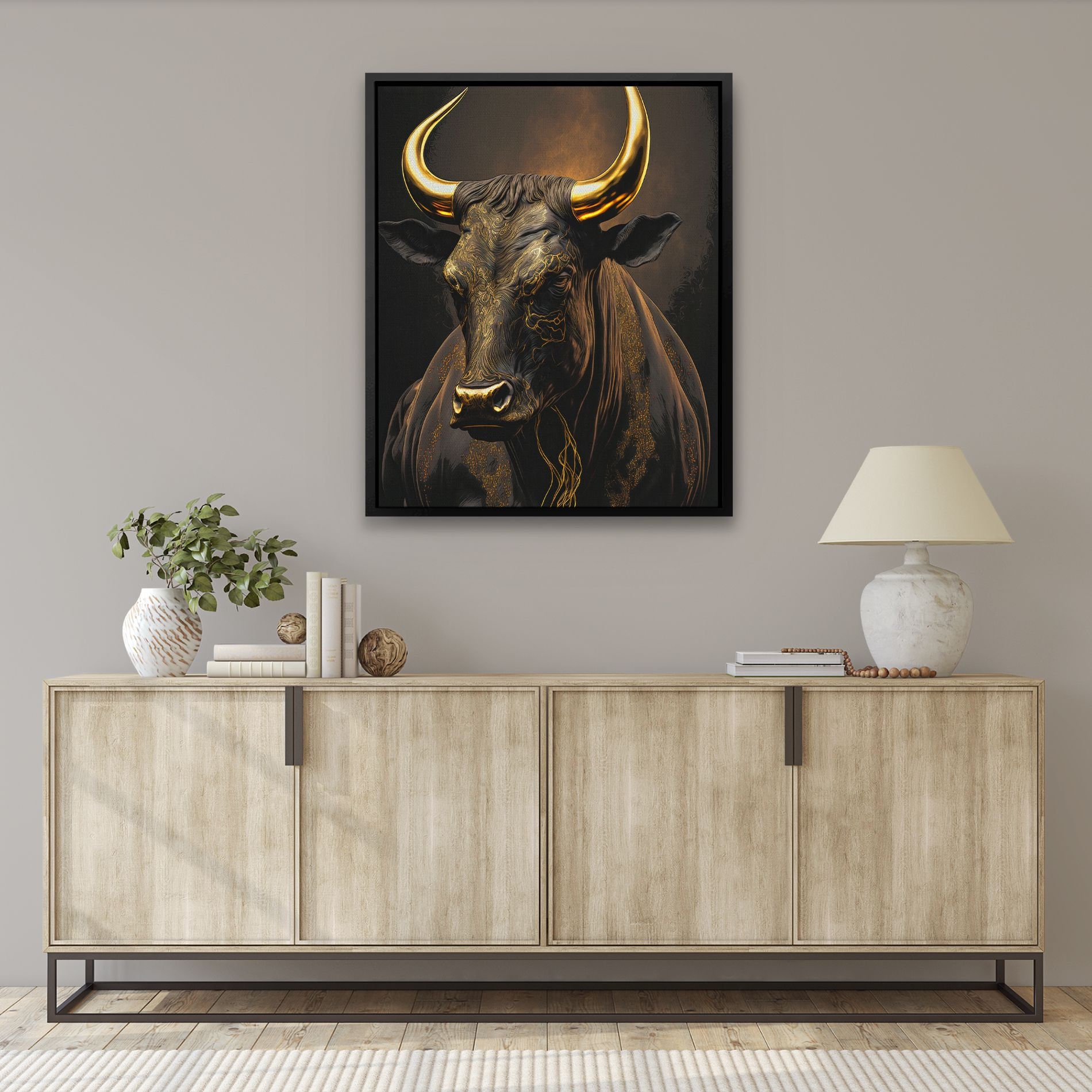 Golden Bull Stock Market Art Day Trader Bull Painting Over the Bed Wall ...