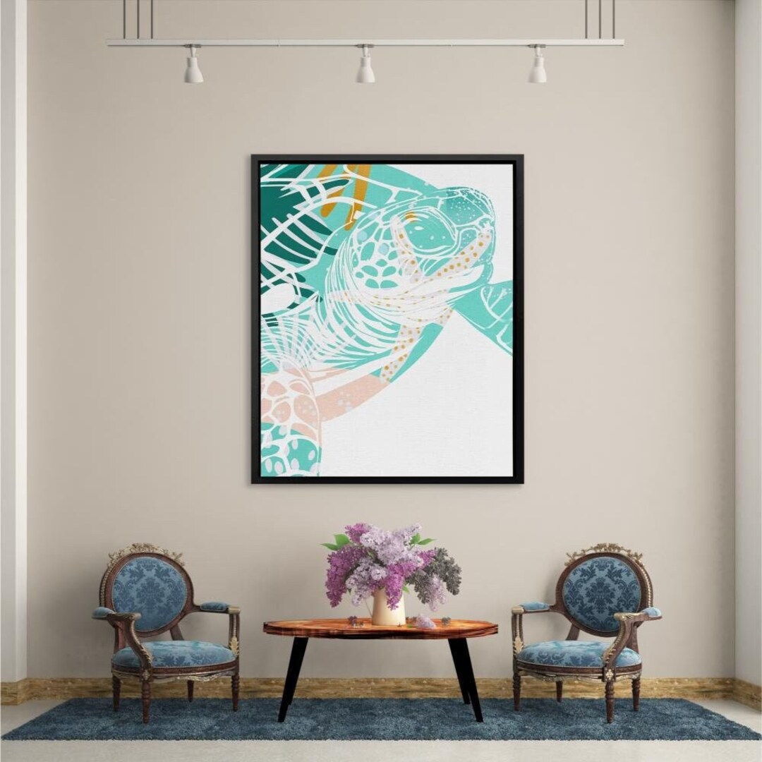 Beach Turtle Wall Art, Coastal Sea Life Print, Aquamarine Decor - Etsy