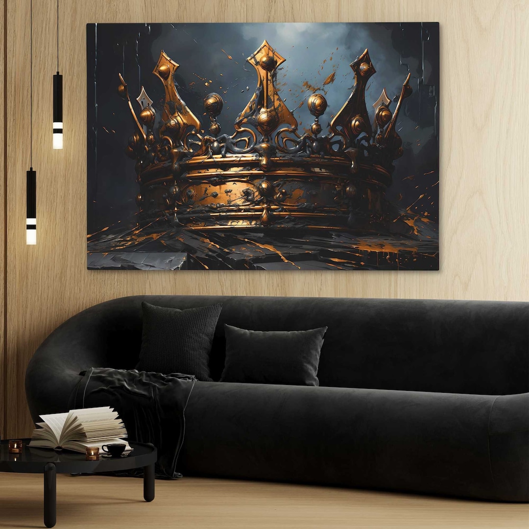 Black and Gold Crown Painting, Midnight Regalia - Art for Living Room ...