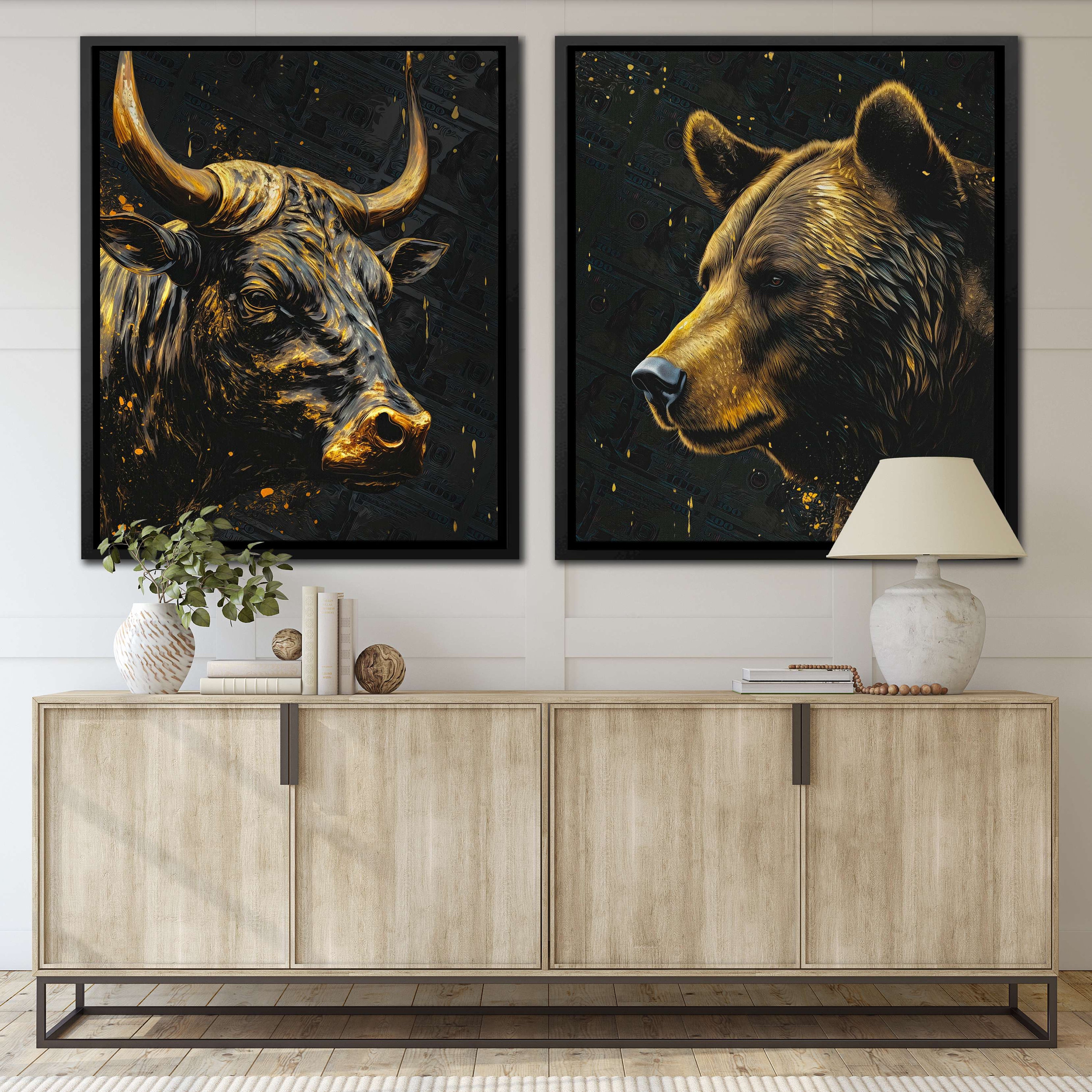 Wall Street Warriors Stock Market Art - Black and Gold Bull and Bear ...