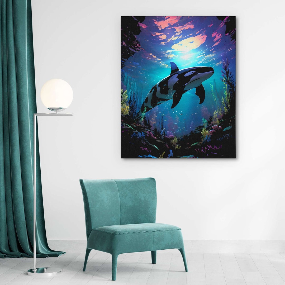 Pink Sunset Whale Orca Ocean Scene Canvas Art, Marine Life Home Decor ...