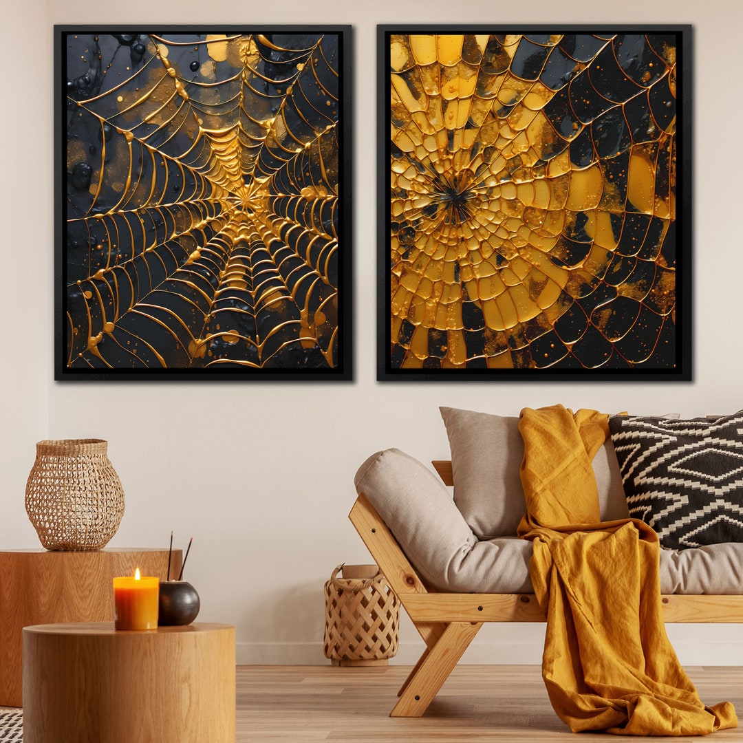 Golden Webs Artwork: Intricate Spider Web Design, Lustrous Wall Deco - Etsy