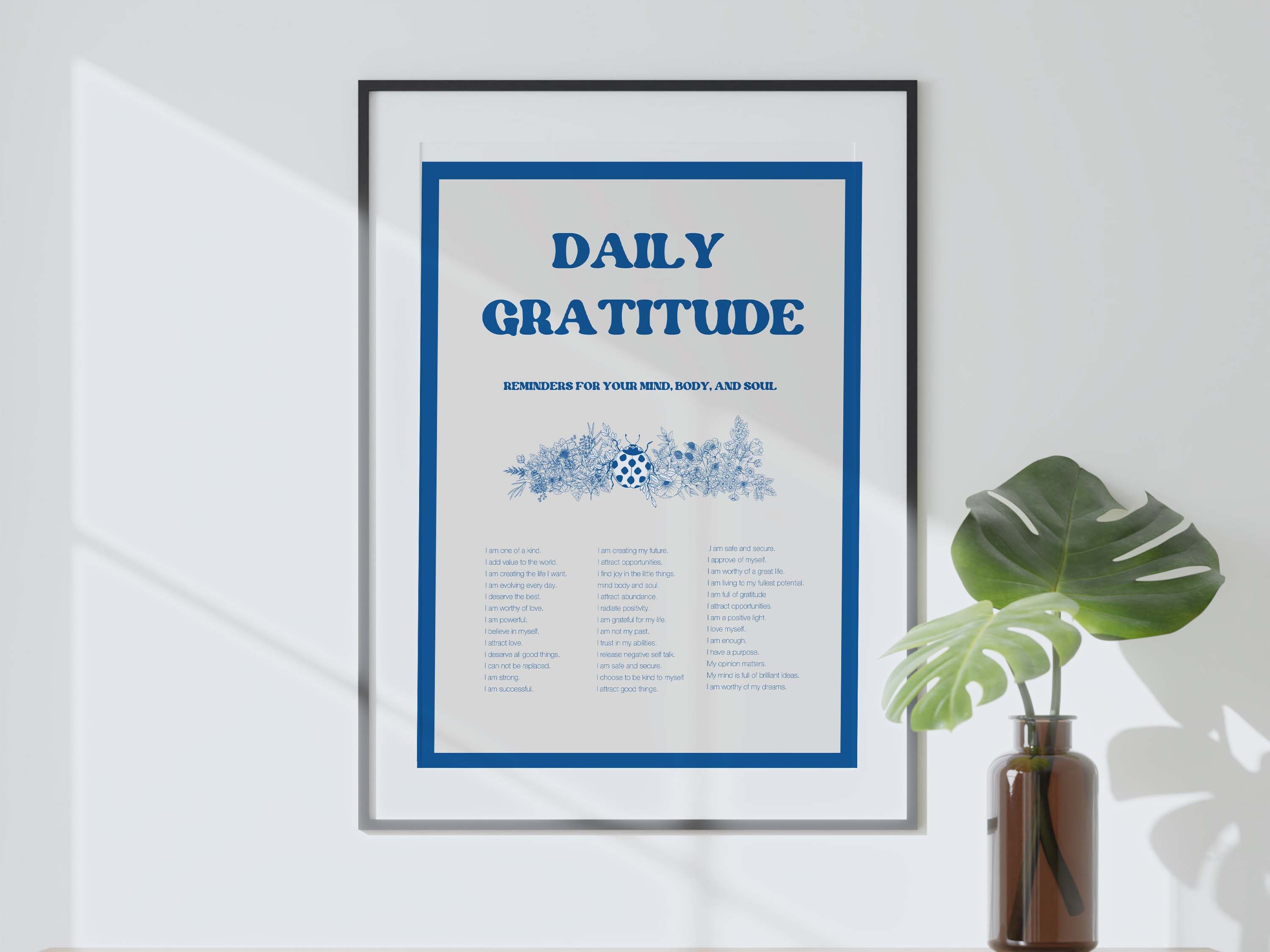 Daily Gratitude Affirmations Poster, Ladybug Nature Floral Art Print ...