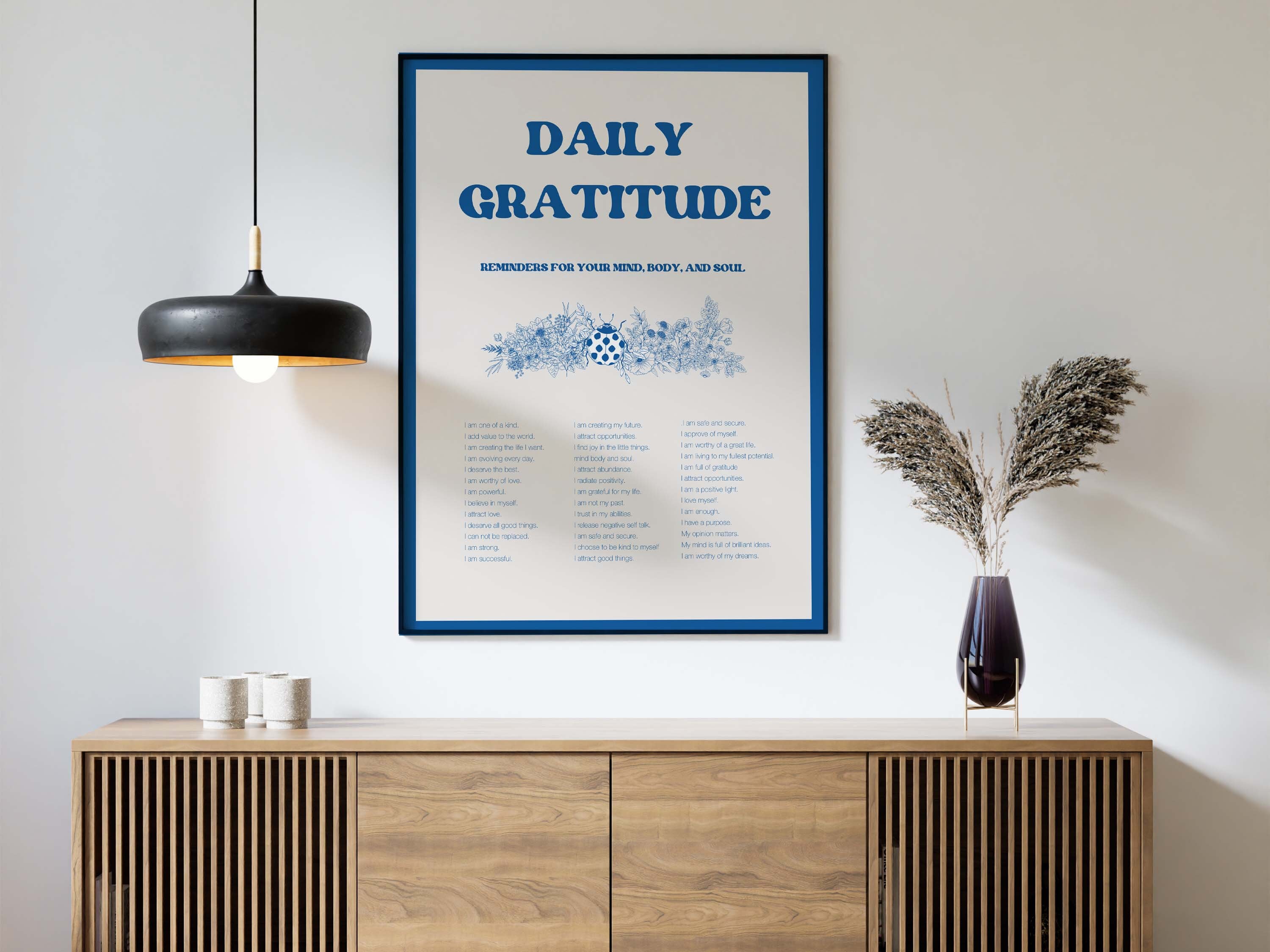 Daily Gratitude Affirmations Poster, Ladybug Nature Floral Art Print ...