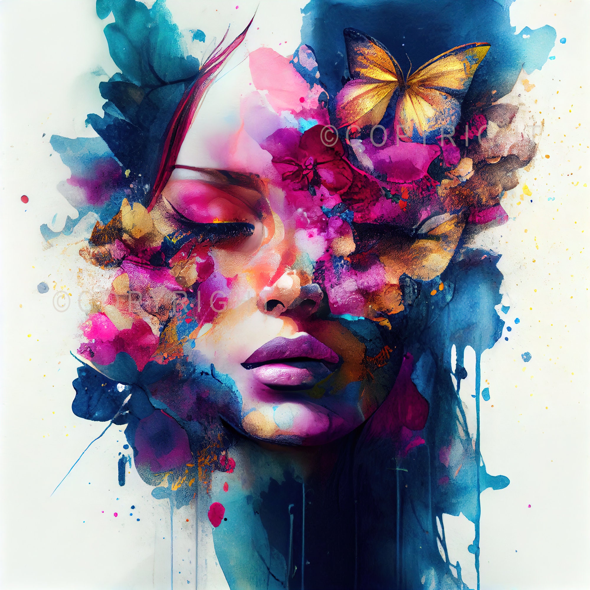 Watercolor Portrait, Butterfly Woman #1, Digital Download, Collage ...
