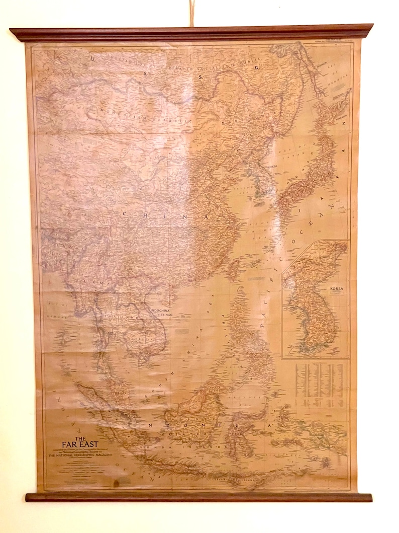 Vintage Original 1952 Far East Wall Map With Timber Weights National ...
