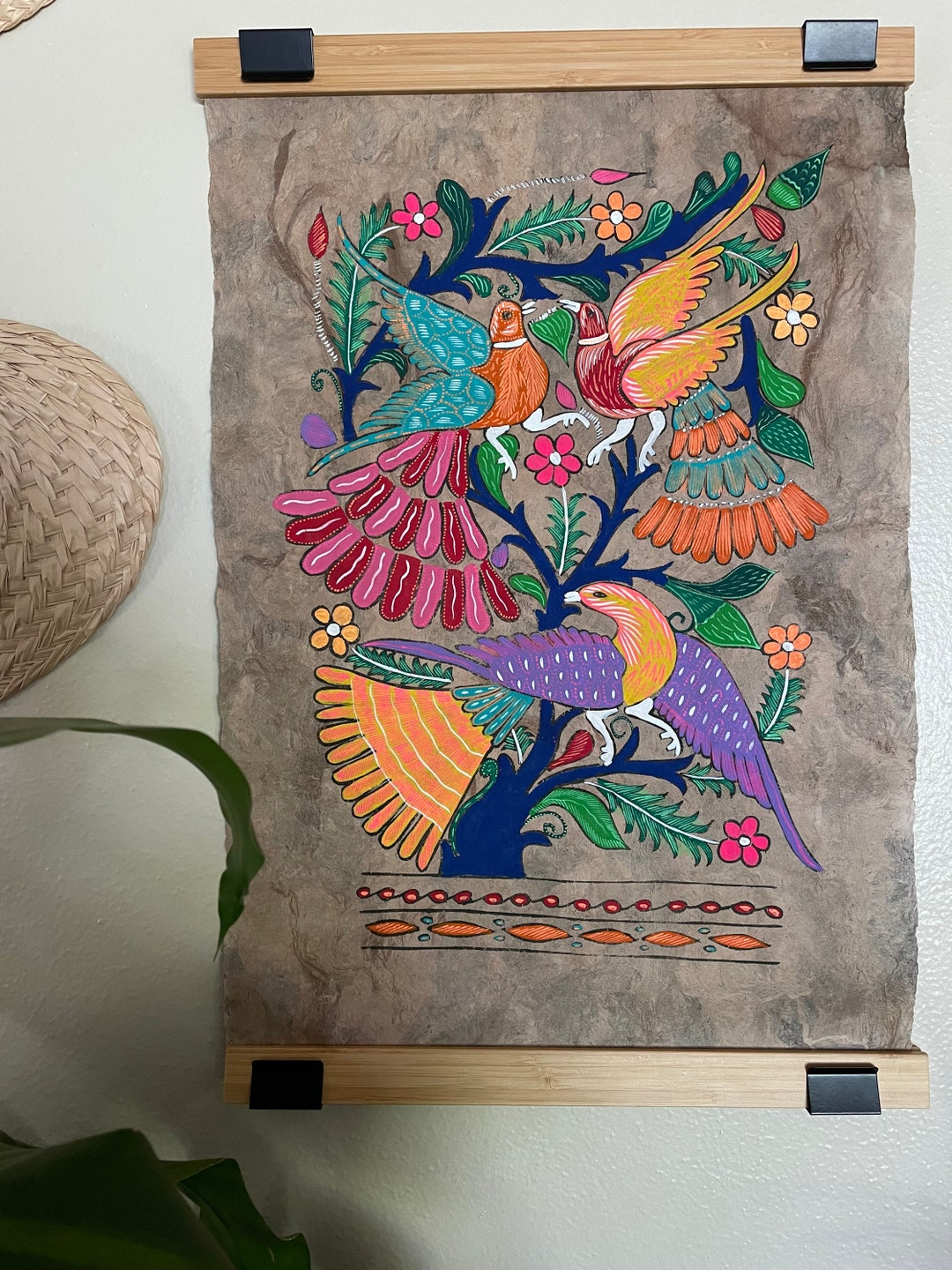 Hand Painted Mexican Folk Art on Amate Bark- Purple and Yellow Bird ...
