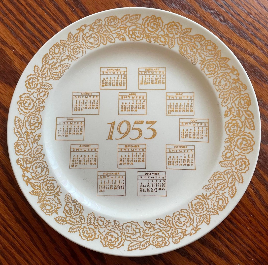 Vintage Porcelain 1953 Calendar Decorator Plate White & Gold Roses 9.25 ...
