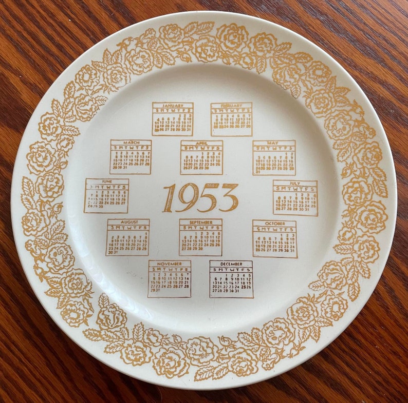 Vintage Porcelain 1953 Calendar Decorator Plate White & Gold Roses 9.25 ...