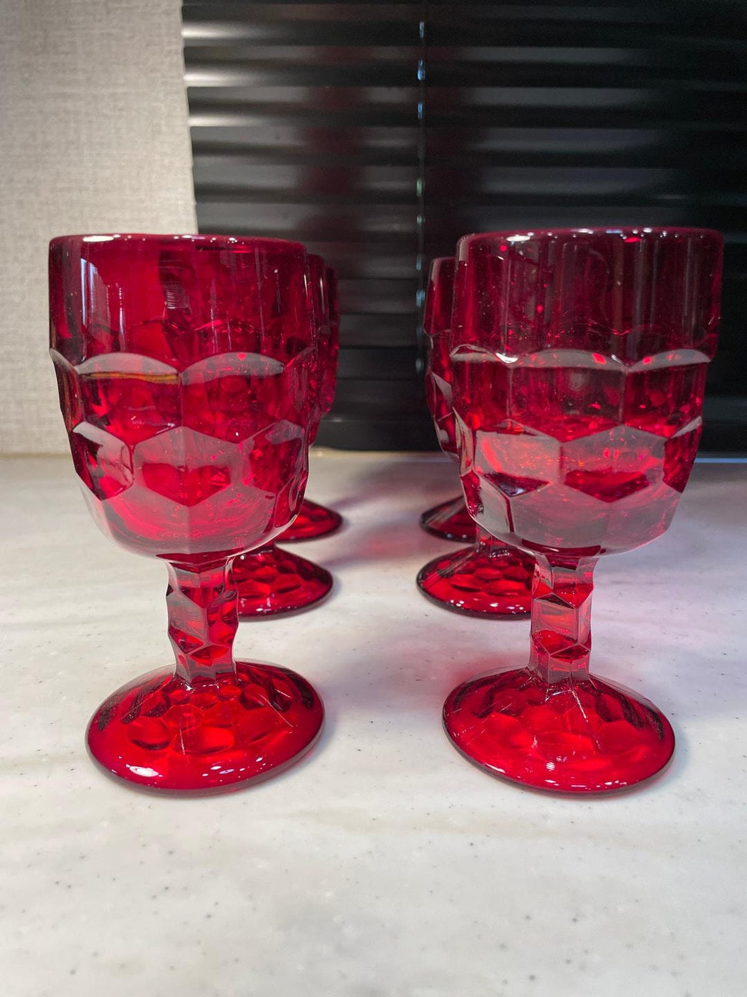 Set of 6 Viking Ruby Red Honeycomb Glass Georgian Wine Water Goblets ...