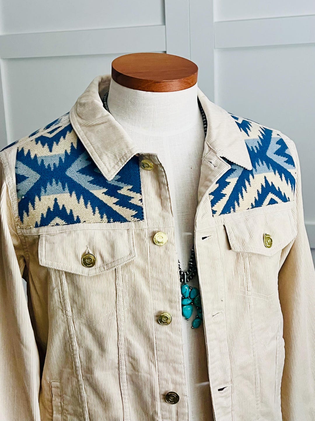 Western Cream Corduroy Southwestern Aztec Jean Jacket - Etsy