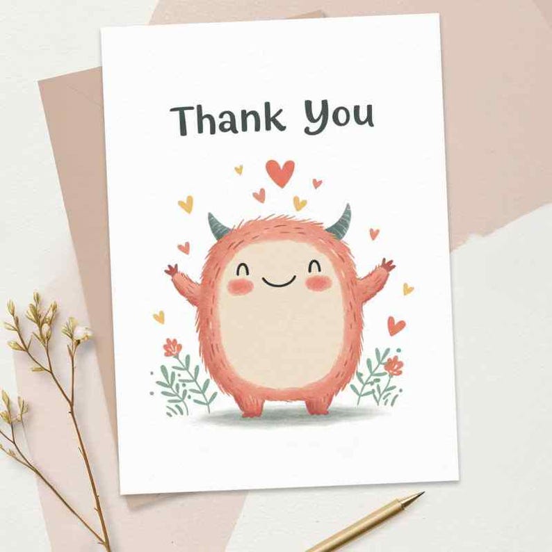 Thank You Cute Monster Printable Greeting Card 5x7 | INSTANT DOWNLOAD ...