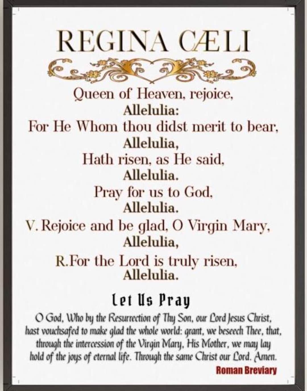 Downloadable Digital Regina Caeli Traditional Catholic Prayer ...