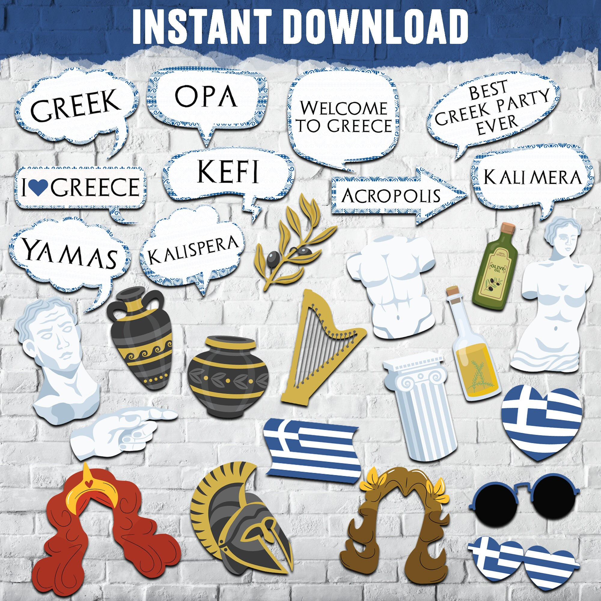 GREECE Photo Booth Props, INSTANT DOWNLOAD, Printable Fun Photo Booth ...