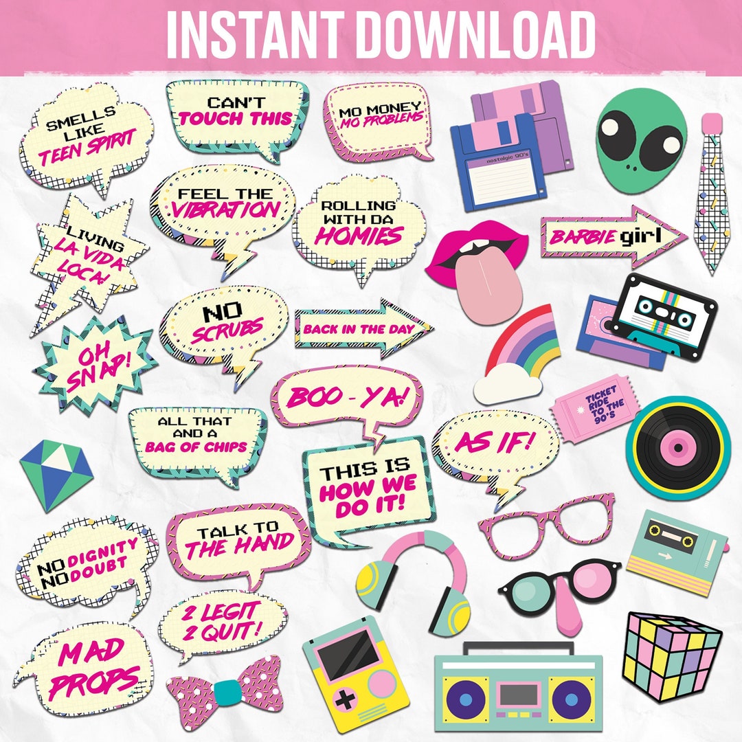 90's PARTY Photo Booth Props, INSTANT DOWNLOAD, Printable Fun Photo ...
