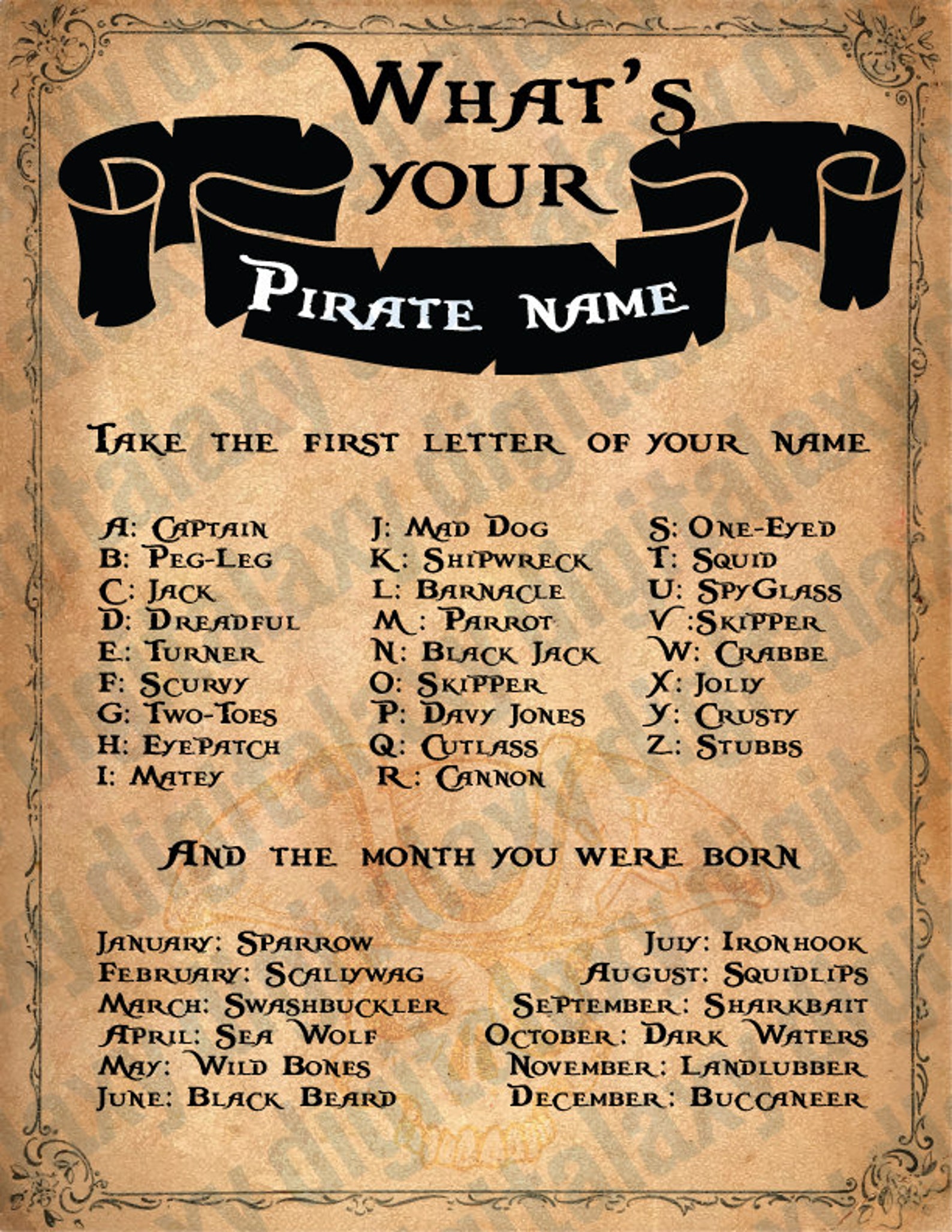 What's Your Pirate Name Printable, INSTANT DOWNLOAD, Pirate Birthday ...