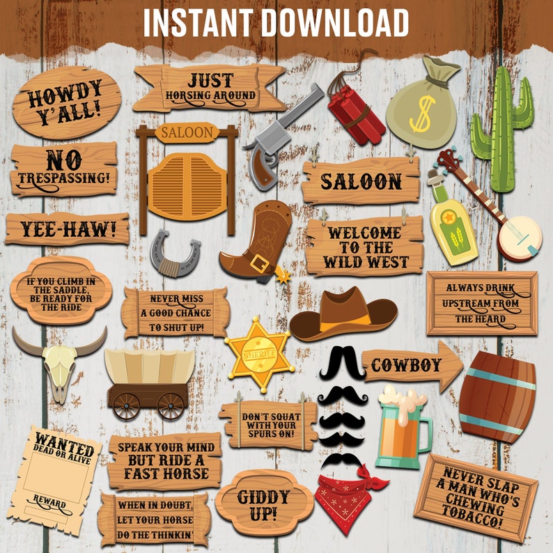 COWBOY Party Photo Booth Props, INSTANT DOWNLOAD, Printable Fun Photo ...