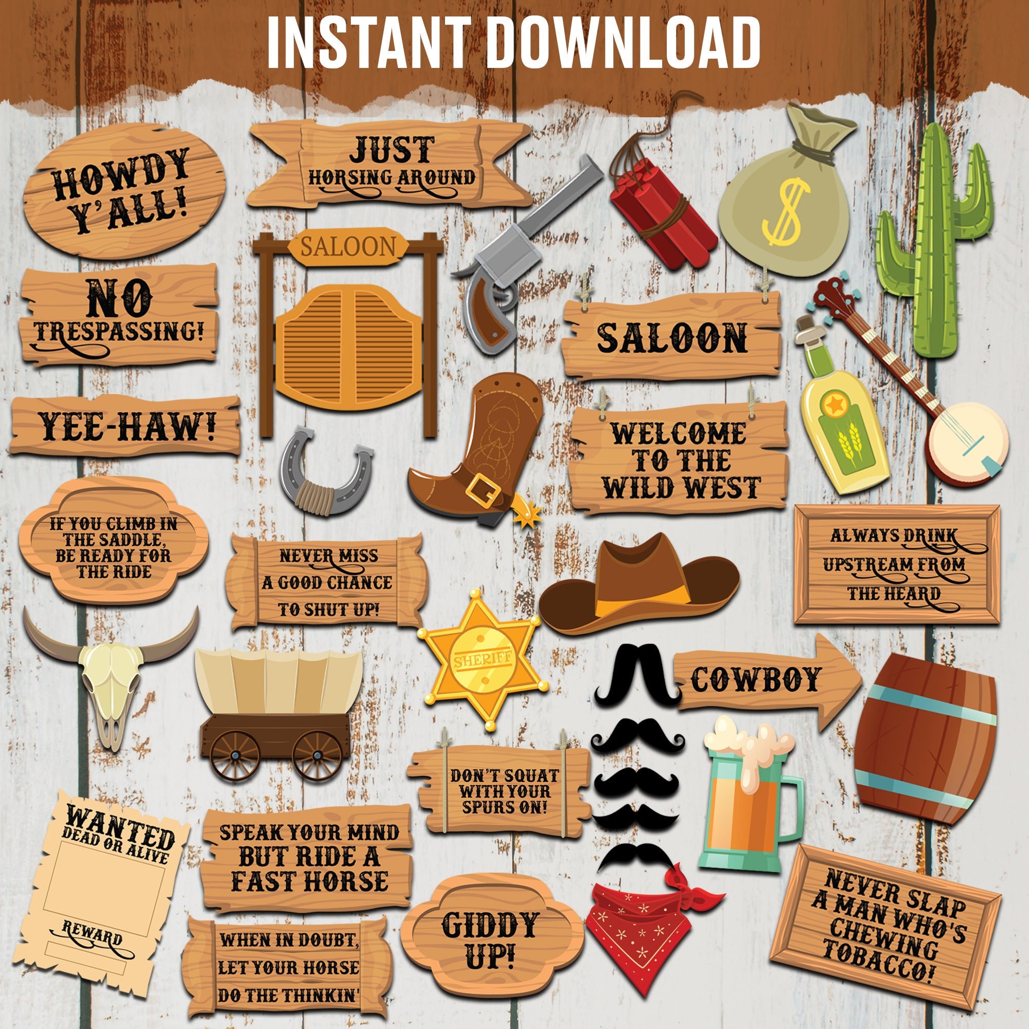 COWBOY Party Photo Booth Props, INSTANT DOWNLOAD, Printable Fun Photo ...
