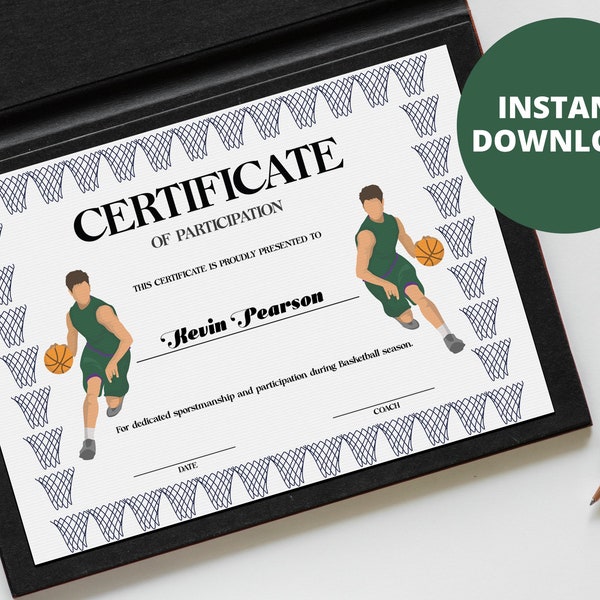 Basketball Participation Certificate Printable - Etsy