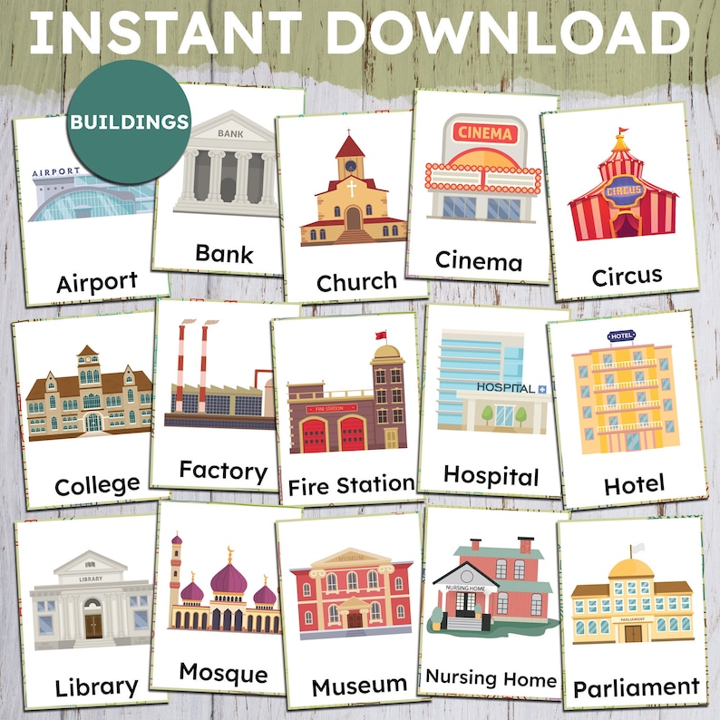 BUILDINGS, INSTANT DOWNLOAD Montessori Cards, Printable Montessori ...