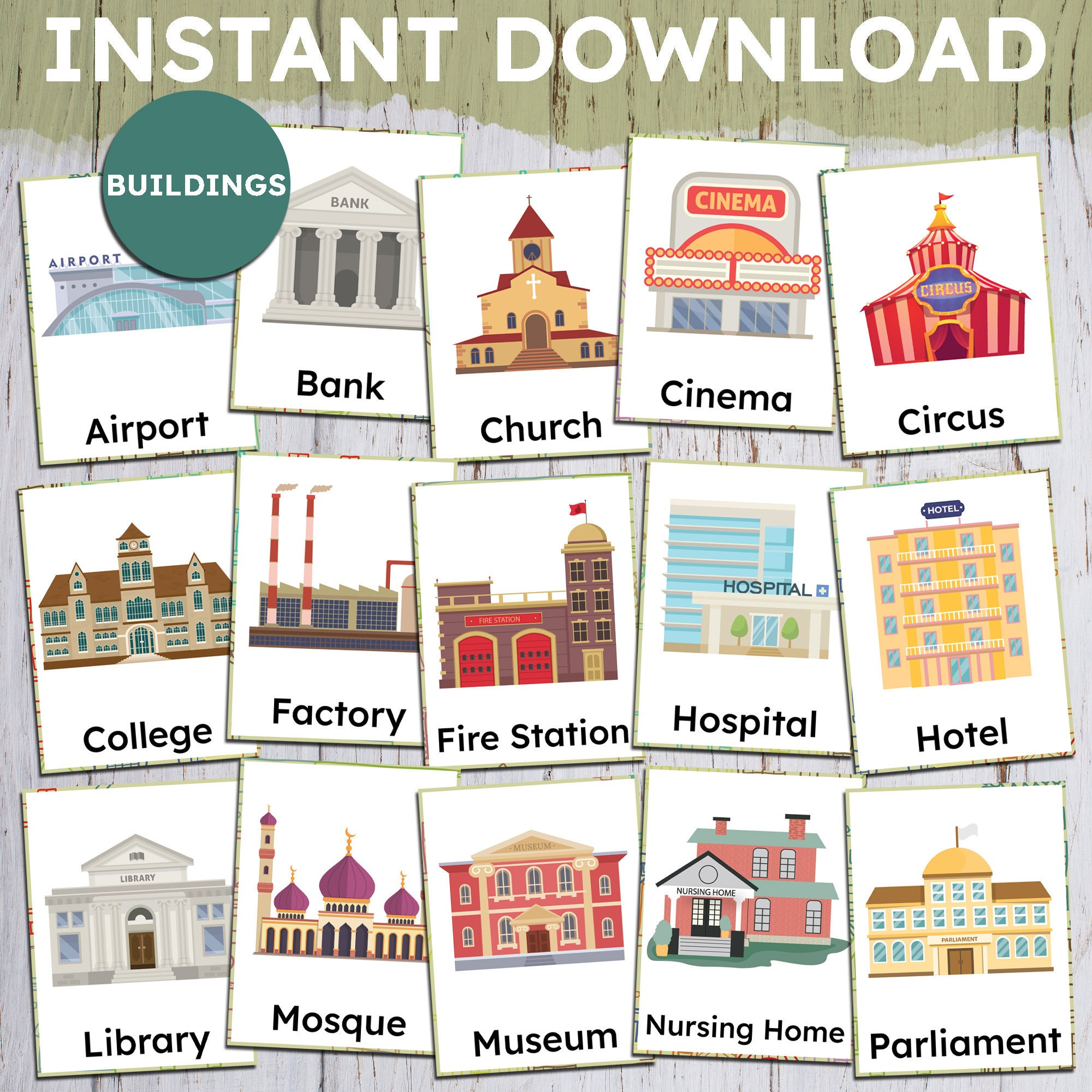 BUILDINGS, INSTANT DOWNLOAD Montessori Cards, Printable Montessori ...