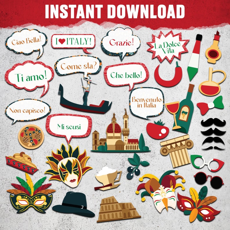 ITALY Photo Booth Props, INSTANT DOWNLOAD, Printable Fun Photo Booth ...