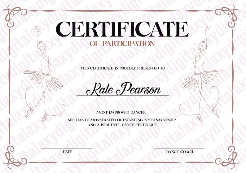 Girls Dance Certificate of Participation, Printable Dance Certificate ...