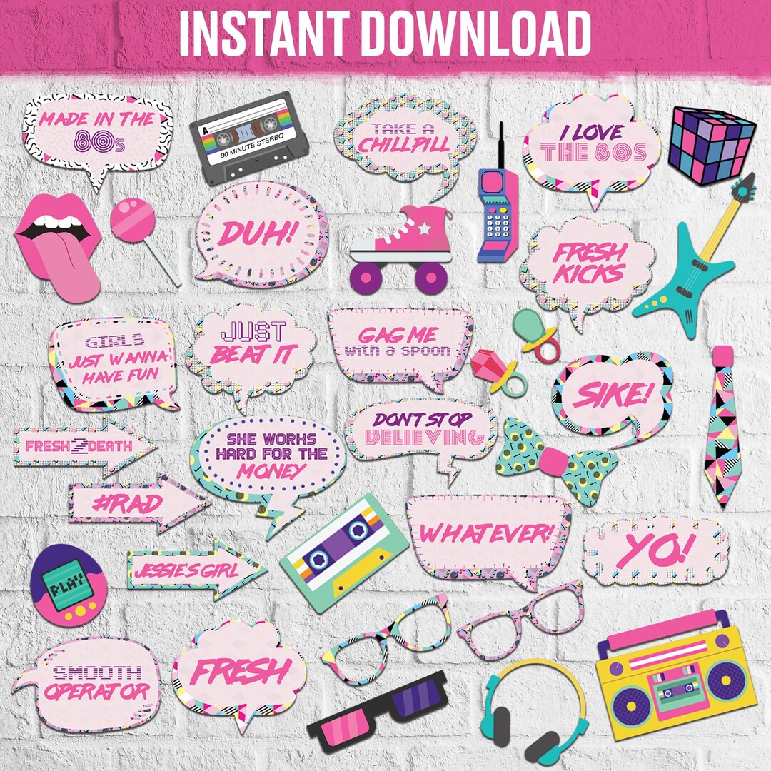 80's Party Photo Booth Props, INSTANT DOWNLOAD, Printable Fun Photo ...