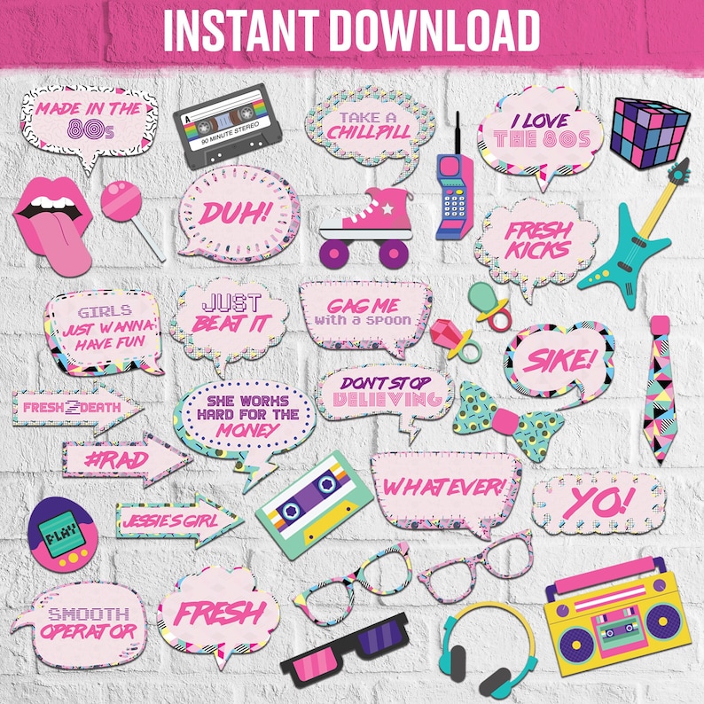 80's Party Photo Booth Props, INSTANT DOWNLOAD, Printable Fun Photo ...