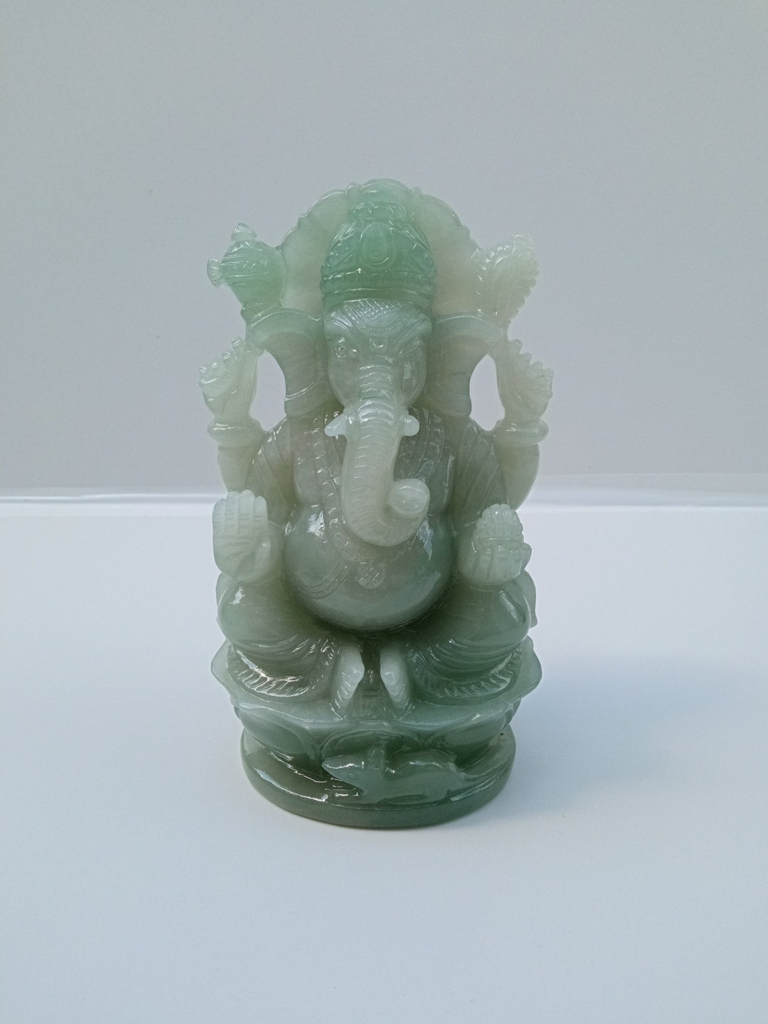 Handmade Ganesha Statue, Handcarved Light Green Aventurine Stone ...