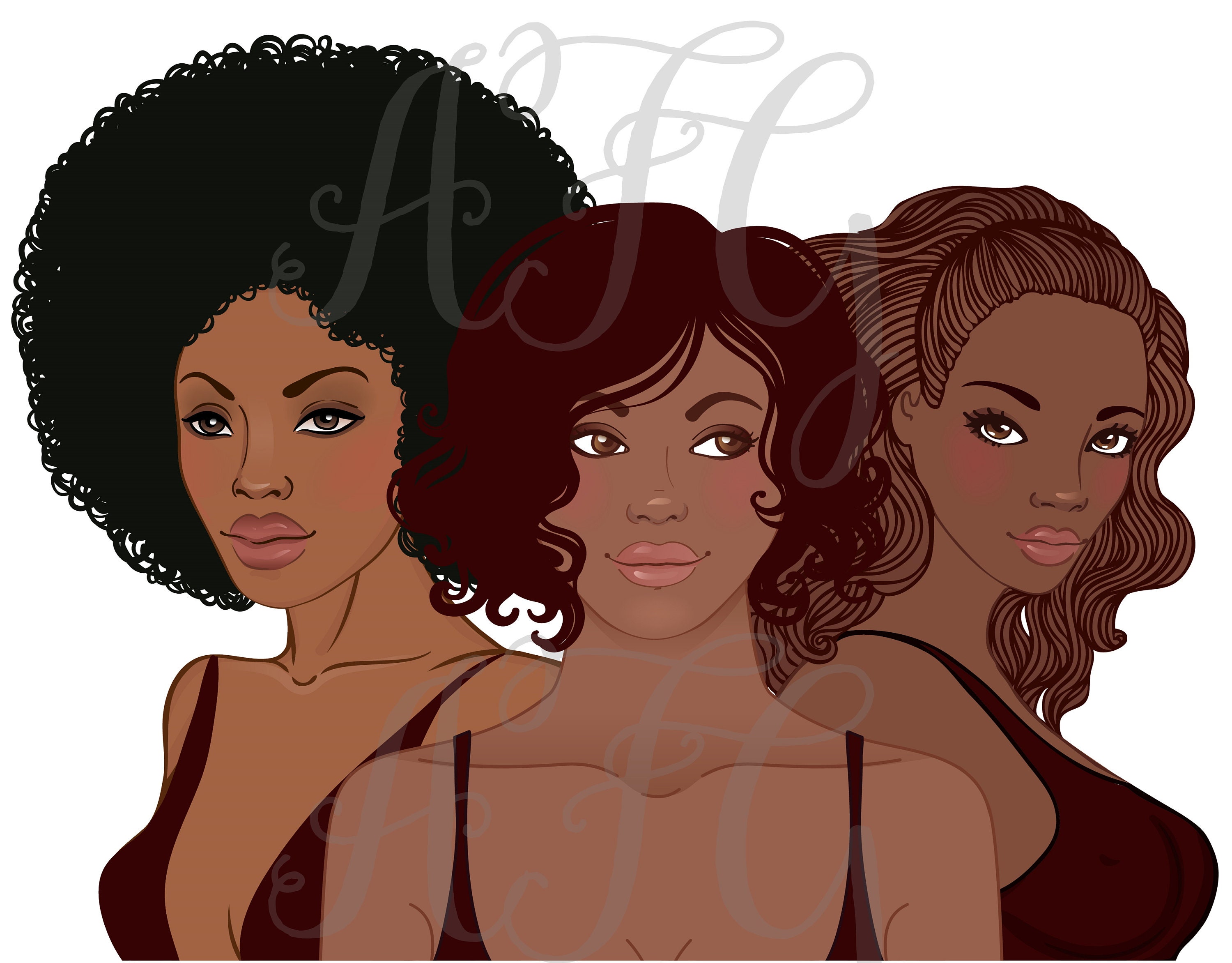3 African American Women Clipart, Instant Download, Sublimation, Afro ...