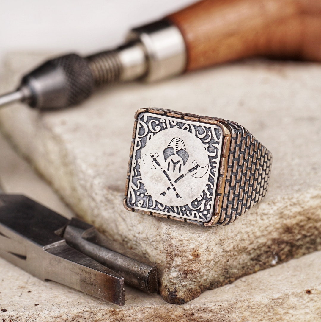 Men's Fortress Ring With Axe & Helmet Engraving, Large Warrior Silver ...