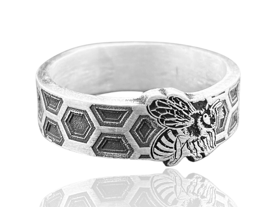 Men’s Sterling Silver Bee Ring, Honeycomb Engraved Band, Oxidized Men ...
