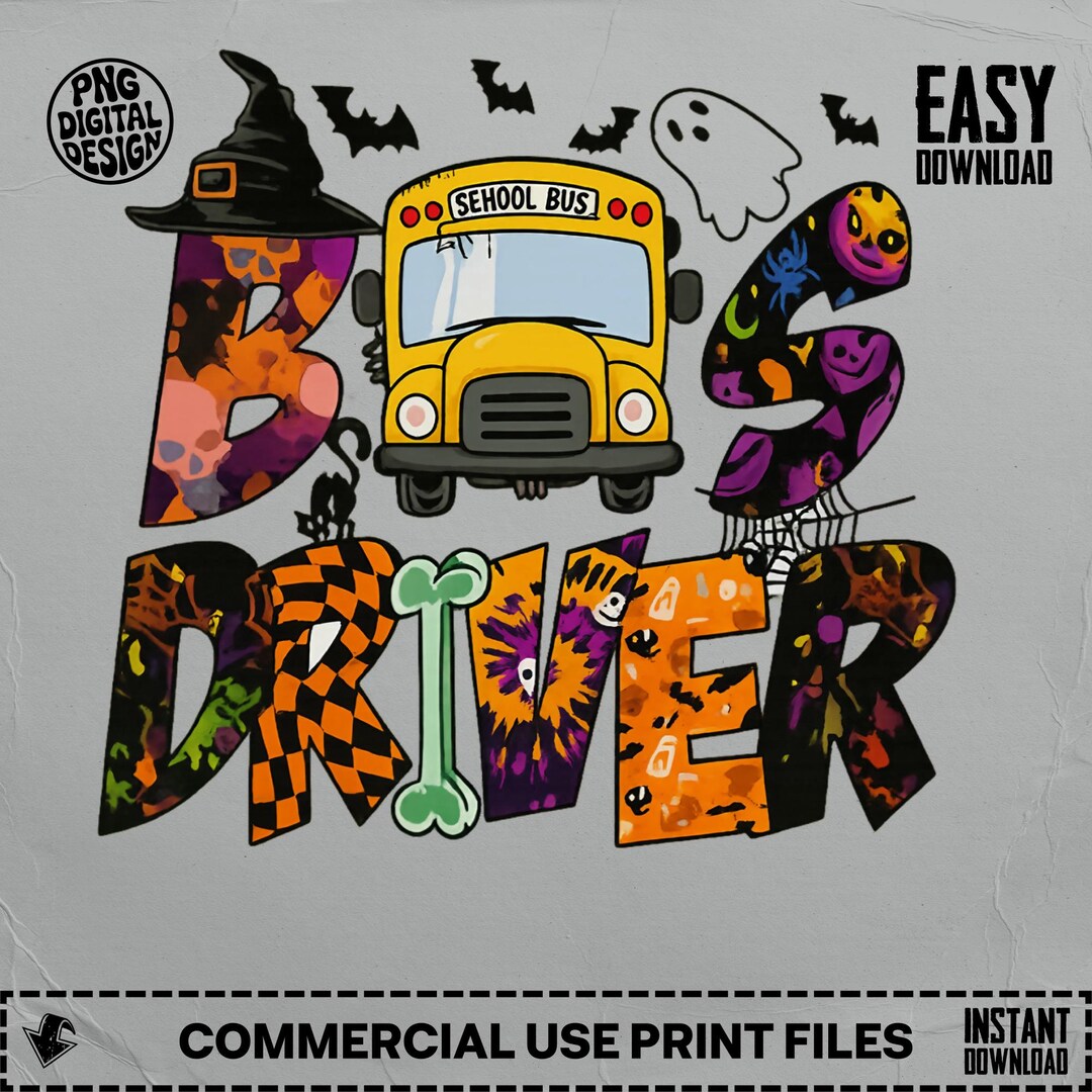 Halloween School Bus Driver PNG: Spooky Ghost & Bats Design (digital ...
