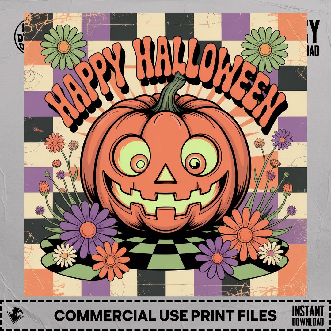 Groovy Halloween PNG, Retro Pumpkin Downloadable Art, 70s Spooky Vibes ...