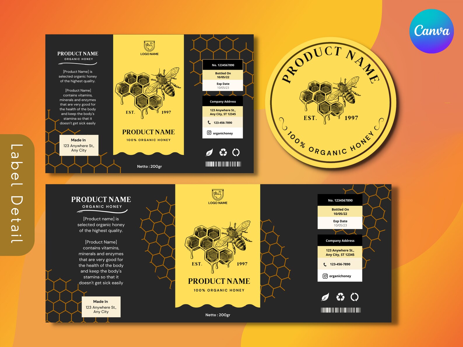 Landscape Editable Honey Label, DIY Label Template, DIY Label Sticker ...