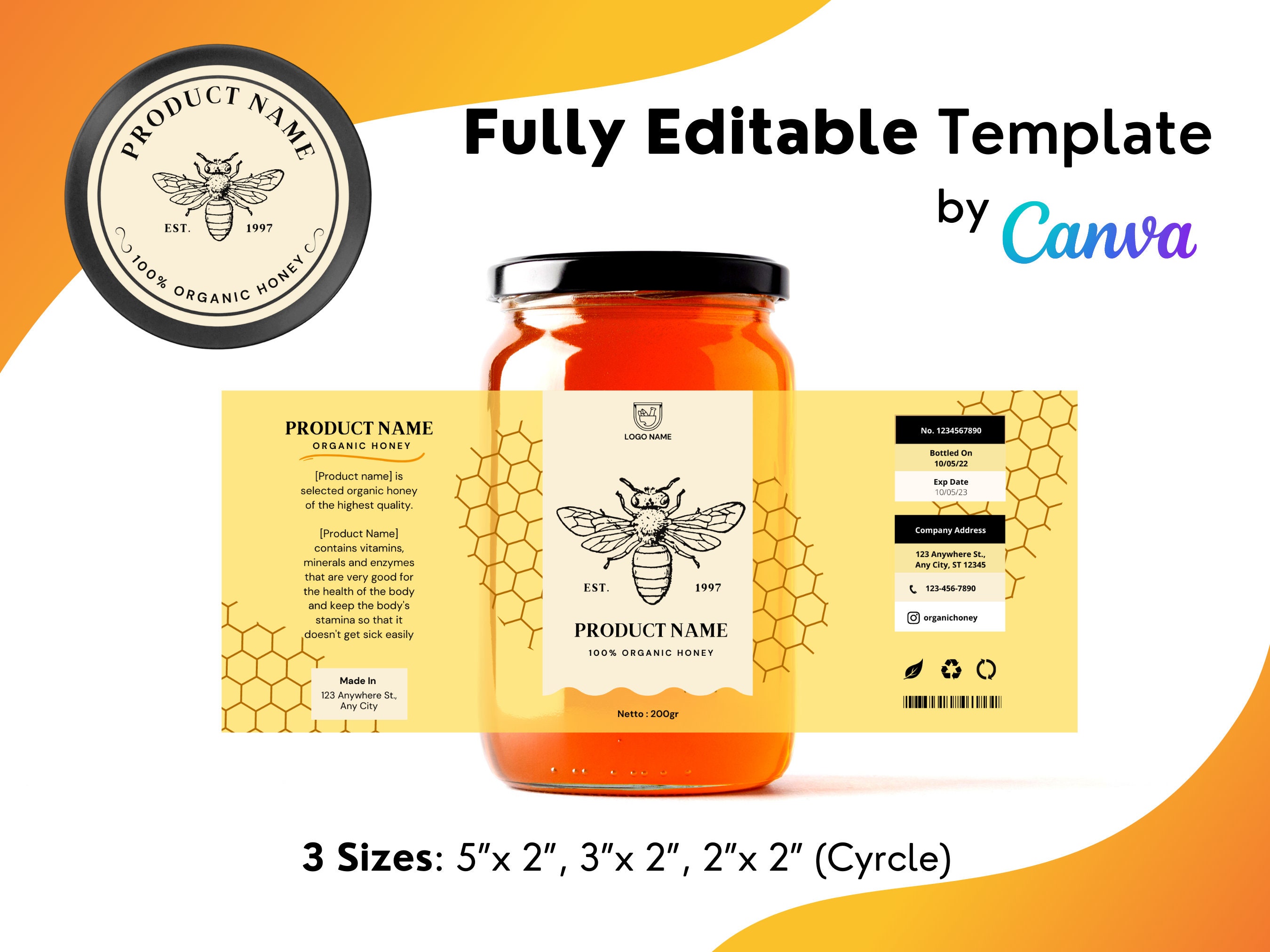 Landscape Editable Honey Label, DIY Label Template, DIY Label Sticker ...