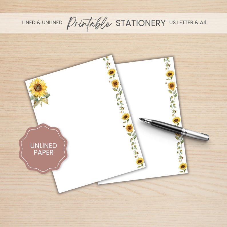 Printable Stationery, Sunflower Notepaper, Lined & Unlined Pages ...