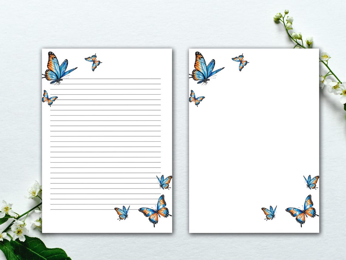Printable Stationery With Butterfly Design, Writing Paper Set, Lined ...