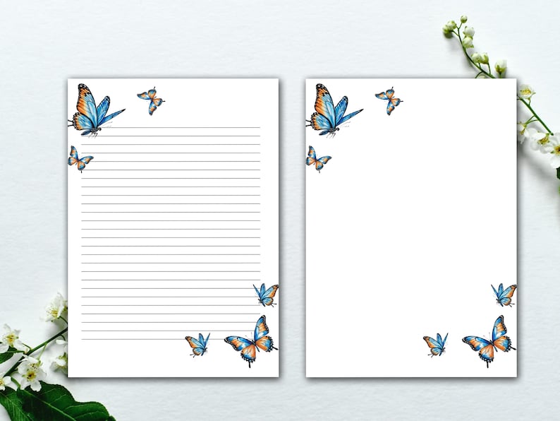 Printable Stationery With Butterfly Design, Writing Paper Set, Lined ...
